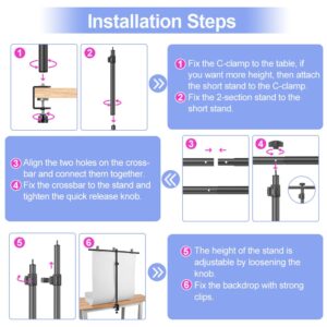 JINSUI Small Backdrop Table Stand 2.6x3 Ft, Adjustable Desktop T Shape Photo Background Holder with 3 Clips for Photography, Mini Tabletop C Clamp Backdrop Kit for Food Product Photoshoot