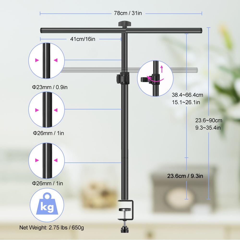 JINSUI Small Backdrop Table Stand 2.6x3 Ft, Adjustable Desktop T Shape Photo Background Holder with 3 Clips for Photography, Mini Tabletop C Clamp Backdrop Kit for Food Product Photoshoot