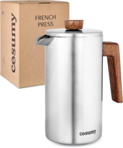 french press coffee maker 34 oz - made of stainless steel & sustainable oak wood - double-walled insulated - 2 additional filters - for 5 cups