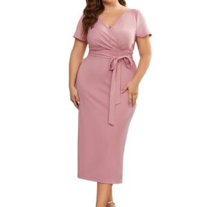 Ever-Pretty Women's Plus Size Short Sleeves Bodycon Midi Wrap Work Dress Dusty Rose 2XL