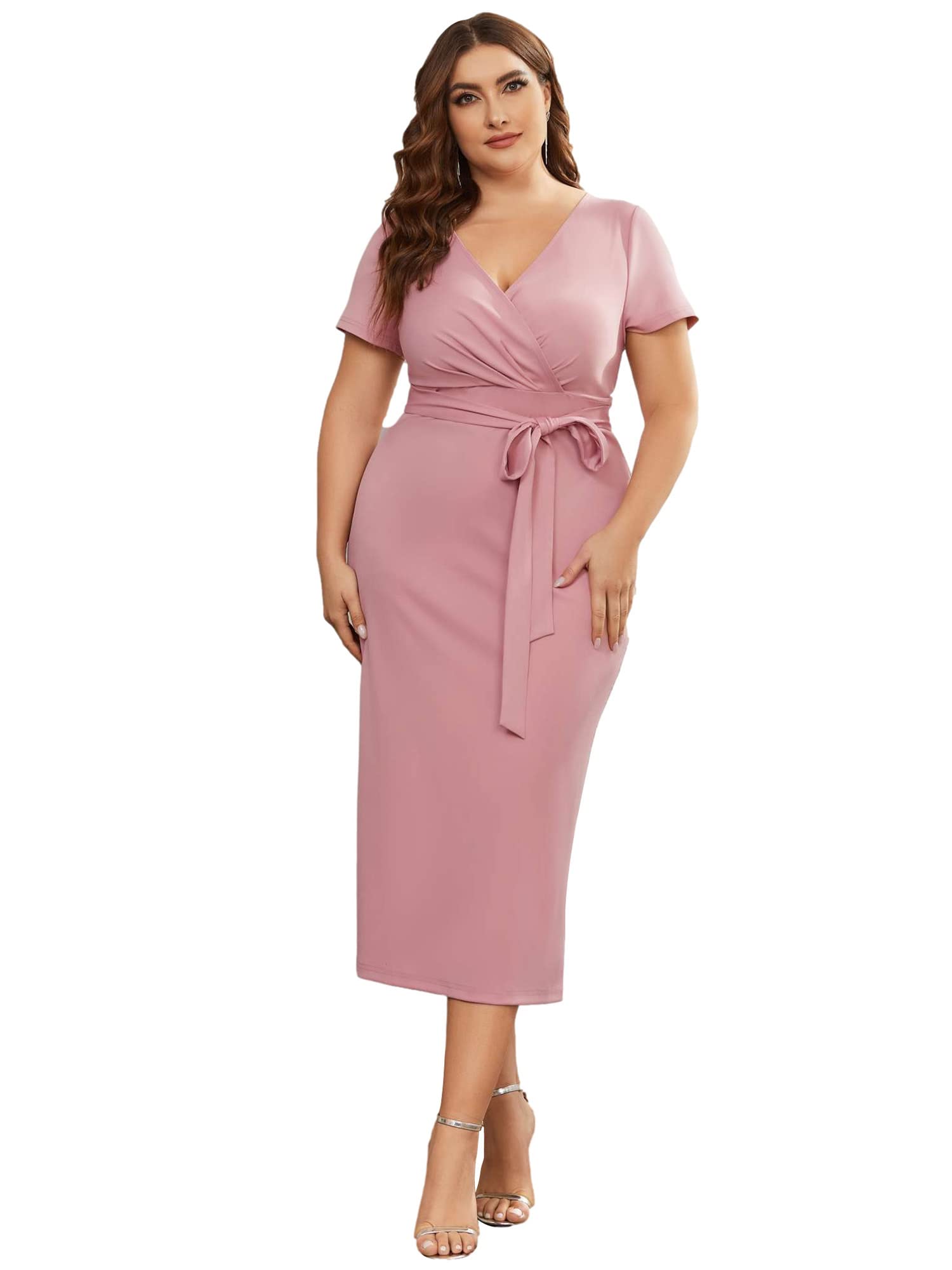 Ever-Pretty Women's Plus Size Short Sleeves Bodycon Midi Wrap Work Dress Dusty Rose 2XL