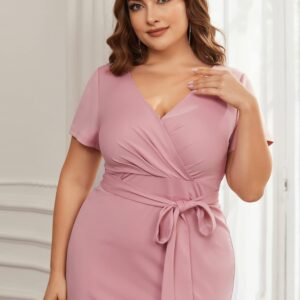 Ever-Pretty Women's Plus Size Short Sleeves Bodycon Midi Wrap Work Dress Dusty Rose 2XL