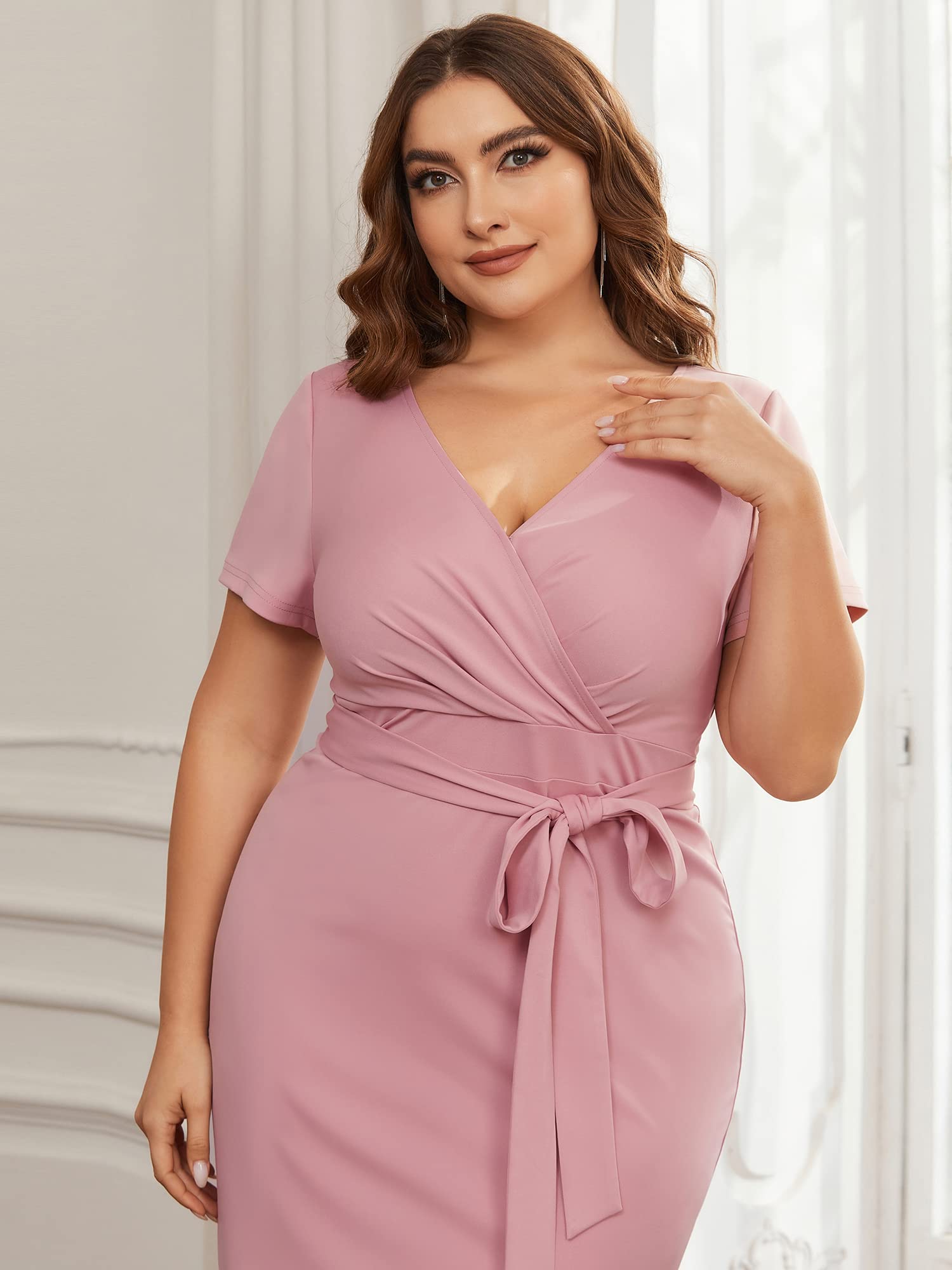 Ever-Pretty Women's Plus Size Short Sleeves Bodycon Midi Wrap Work Dress Dusty Rose 2XL