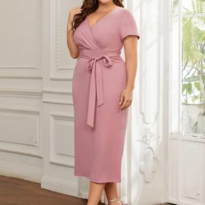 Ever-Pretty Women's Plus Size Short Sleeves Bodycon Midi Wrap Work Dress Dusty Rose 2XL