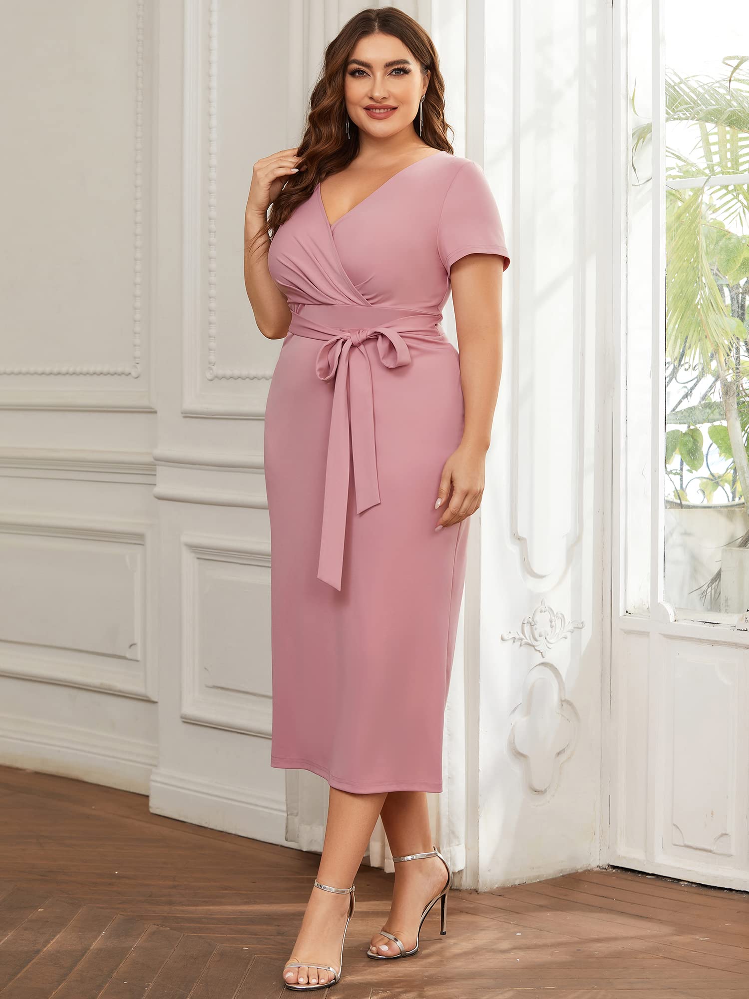 Ever-Pretty Women's Plus Size Short Sleeves Bodycon Midi Wrap Work Dress Dusty Rose 2XL