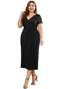 ever-pretty women's short sleeves bodycon plus size semi formal dresses for women black 2xl