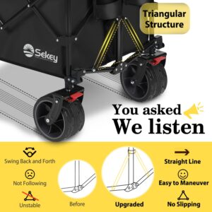 Sekey 48''L Collapsible Foldable Extended Wagon with 440lbs Weight Capacity, Heavy Duty 300L Folding Utility Garden Cart with Big All-Terrain Beach Wheels & Drink Holders. Black