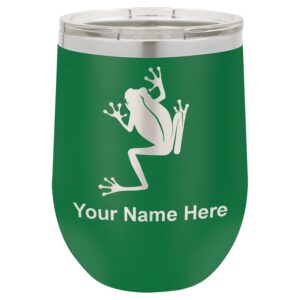 lasergram double wall stainless steel wine glass tumbler, tree frog, personalized engraving included (green)