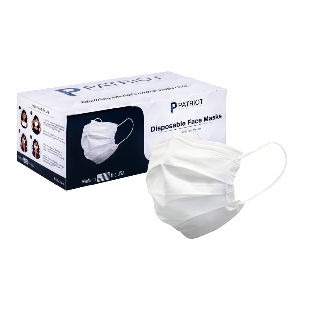 Patriot Medical Devices Disposable Face Mask | Made in the USA Soft, Hypoallergenic, Hydrophobic Material | 50 Count (white)