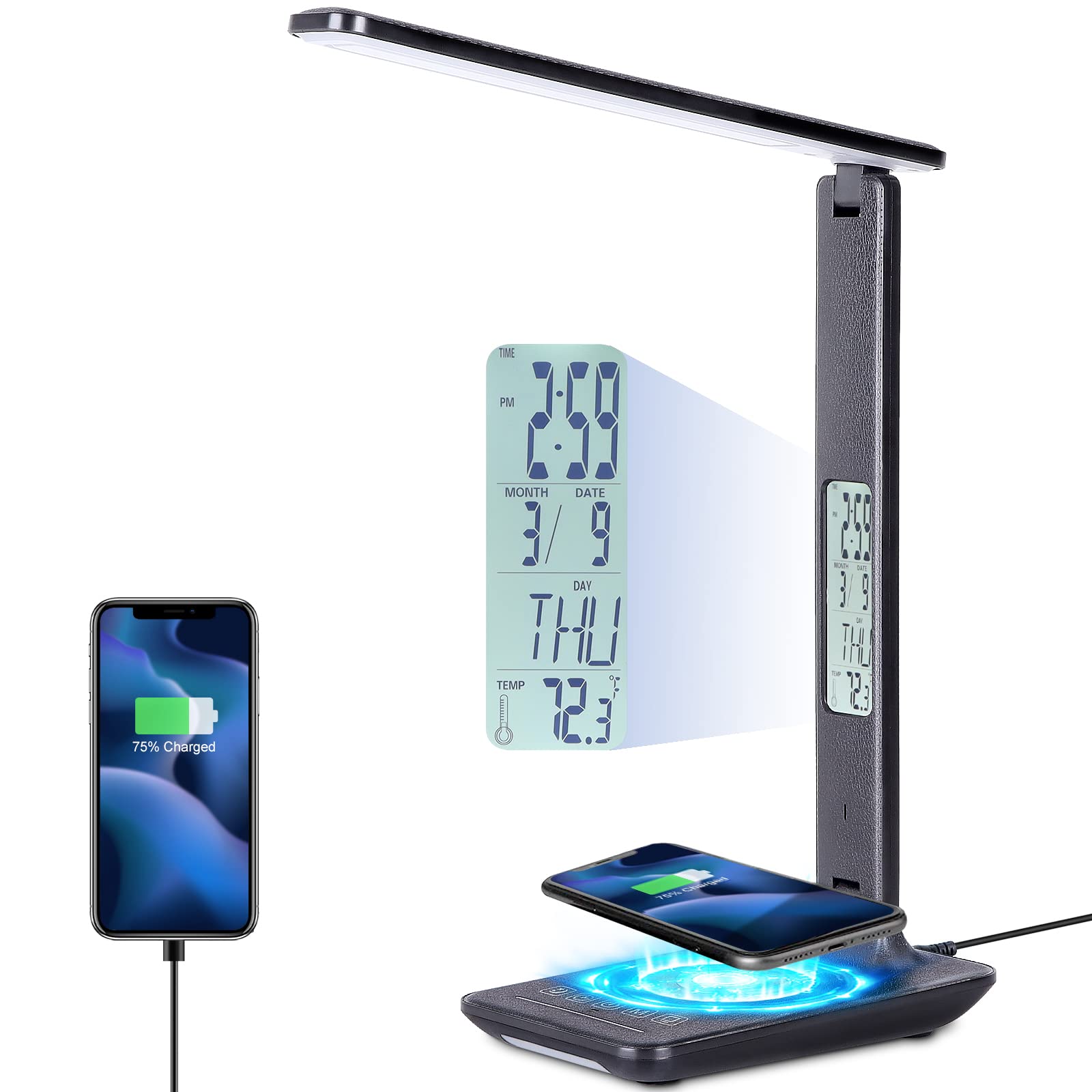 LED Desk Lamp with Wireless Charger, USB Charging Port, Desk Lamps for Home Office, Dimmable Office Lamp with Clock, Alarm, Date, Temperature, Foldable Study Lamp, Touch Dorm Lamp, Black