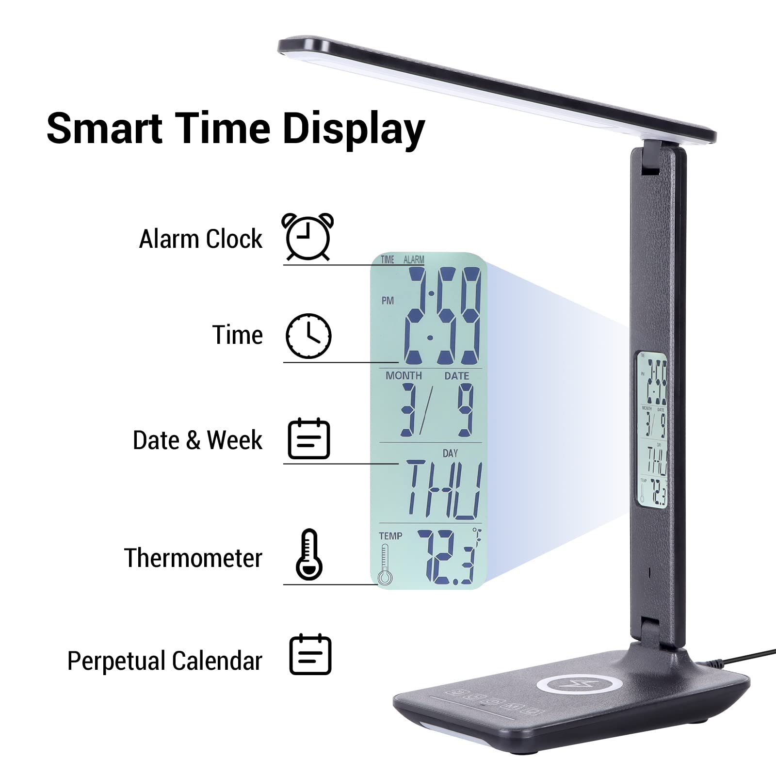 LED Desk Lamp with Wireless Charger, USB Charging Port, Desk Lamps for Home Office, Dimmable Office Lamp with Clock, Alarm, Date, Temperature, Foldable Study Lamp, Touch Dorm Lamp, Black