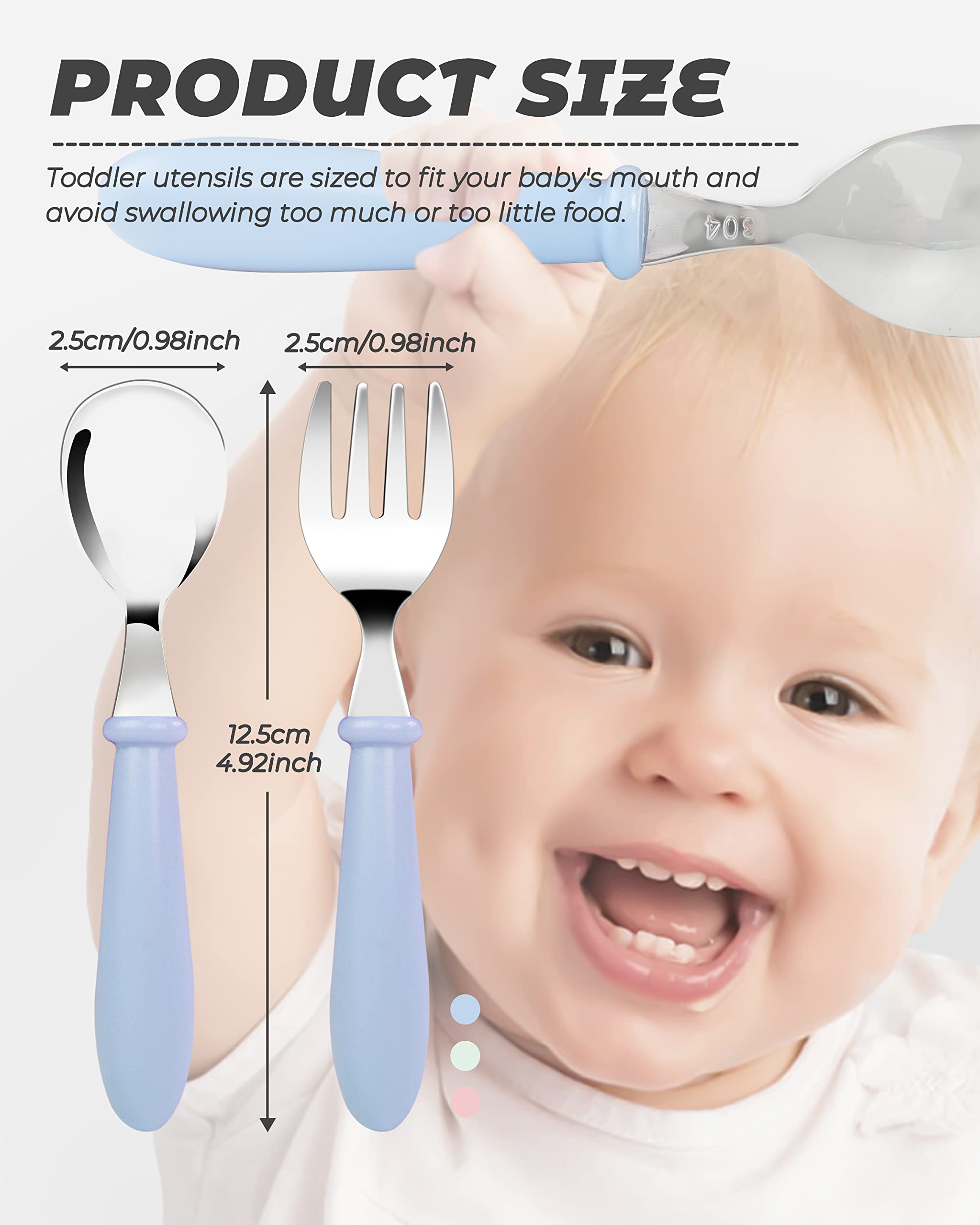 6 pcs Toddler Utensils, Stainless Steel Toddler Silverware Set with Round Handle, Baby Forks for Self Feeding, 3 Toddler Forks and 3 Toddler Spoons, BPA Free