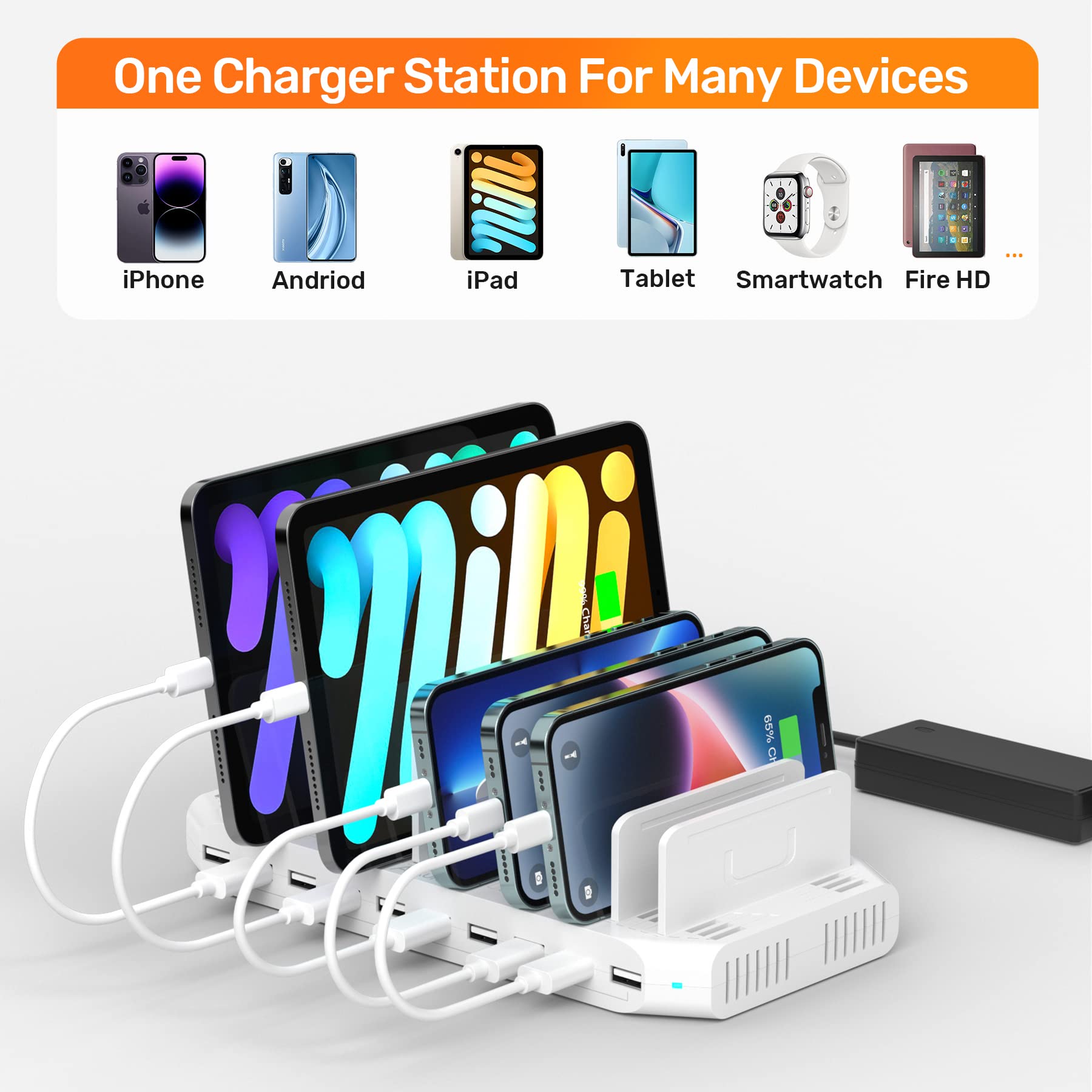 Alxum 60W 10 Ports USB Charging Station for Multiple Devices, Multi USB Charger Station with 5V/2.4A Output for Phone, Tablet and More, White