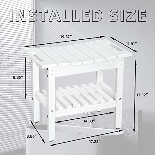 Shower Bench with Storage Shelf, HDPE Material Waterproof, Bathtub Side Table, Suitable for Bathroom Shower Stool, Suitable for All Ages, 19.3x11.8x17.3 Inches (White)