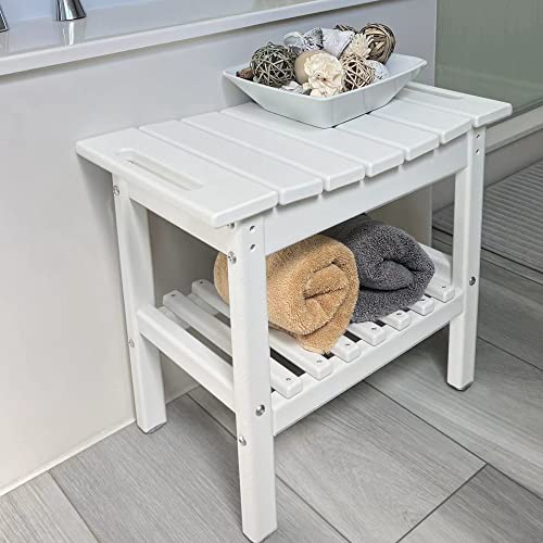 Shower Bench with Storage Shelf, HDPE Material Waterproof, Bathtub Side Table, Suitable for Bathroom Shower Stool, Suitable for All Ages, 19.3x11.8x17.3 Inches (White)