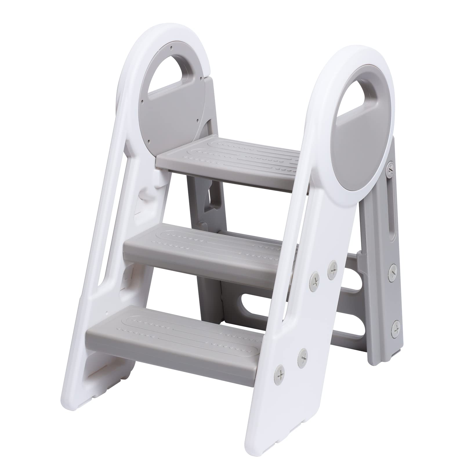 Step Ladder 3 Step Folding Toddler Step Stool for Kids Three Step Standing Tower for Kitchen Counter,Adjustable 3 Step Stools with Handles to 2 Step for Toilet Potty Training （Grey）