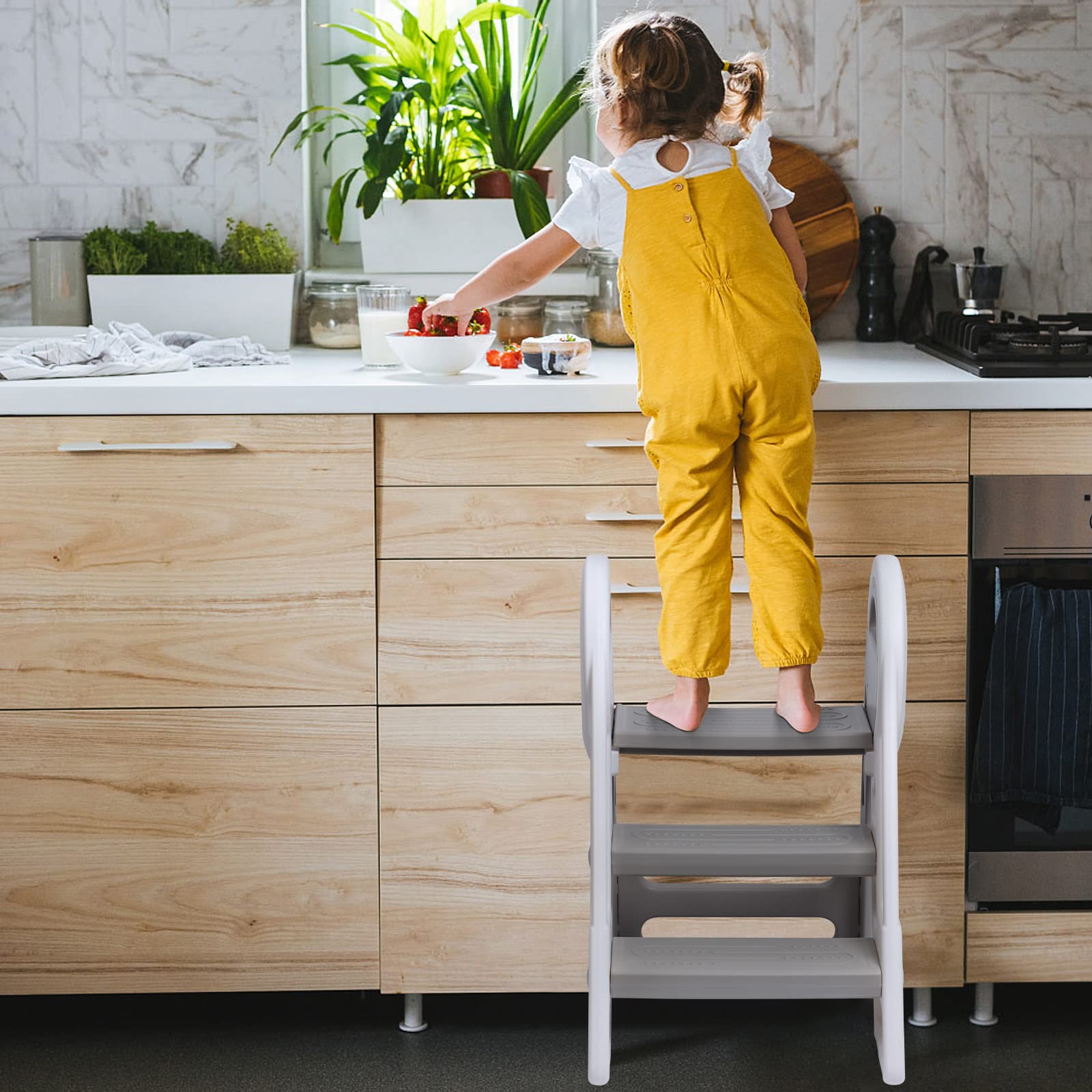 Step Ladder 3 Step Folding Toddler Step Stool for Kids Three Step Standing Tower for Kitchen Counter,Adjustable 3 Step Stools with Handles to 2 Step for Toilet Potty Training （Grey）