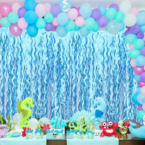 Wavy Tinsel Foil Fringe Curtain Photo Booth Props for Mermaid Birthday Under The Sea Party Decorations (3 Pack 3.2 ft X 6.6 ft Teal Blue)