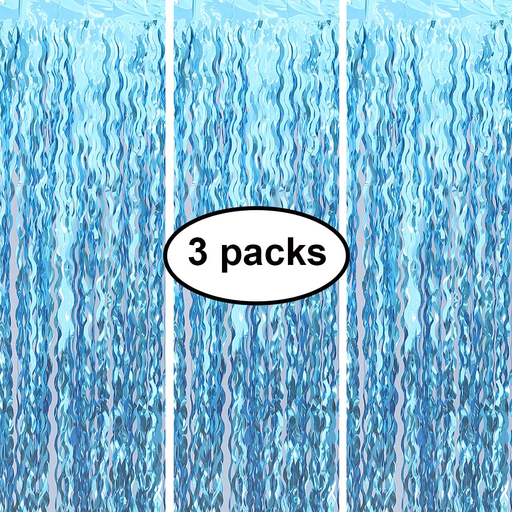 Wavy Tinsel Foil Fringe Curtain Photo Booth Props for Mermaid Birthday Under The Sea Party Decorations (3 Pack 3.2 ft X 6.6 ft Teal Blue)