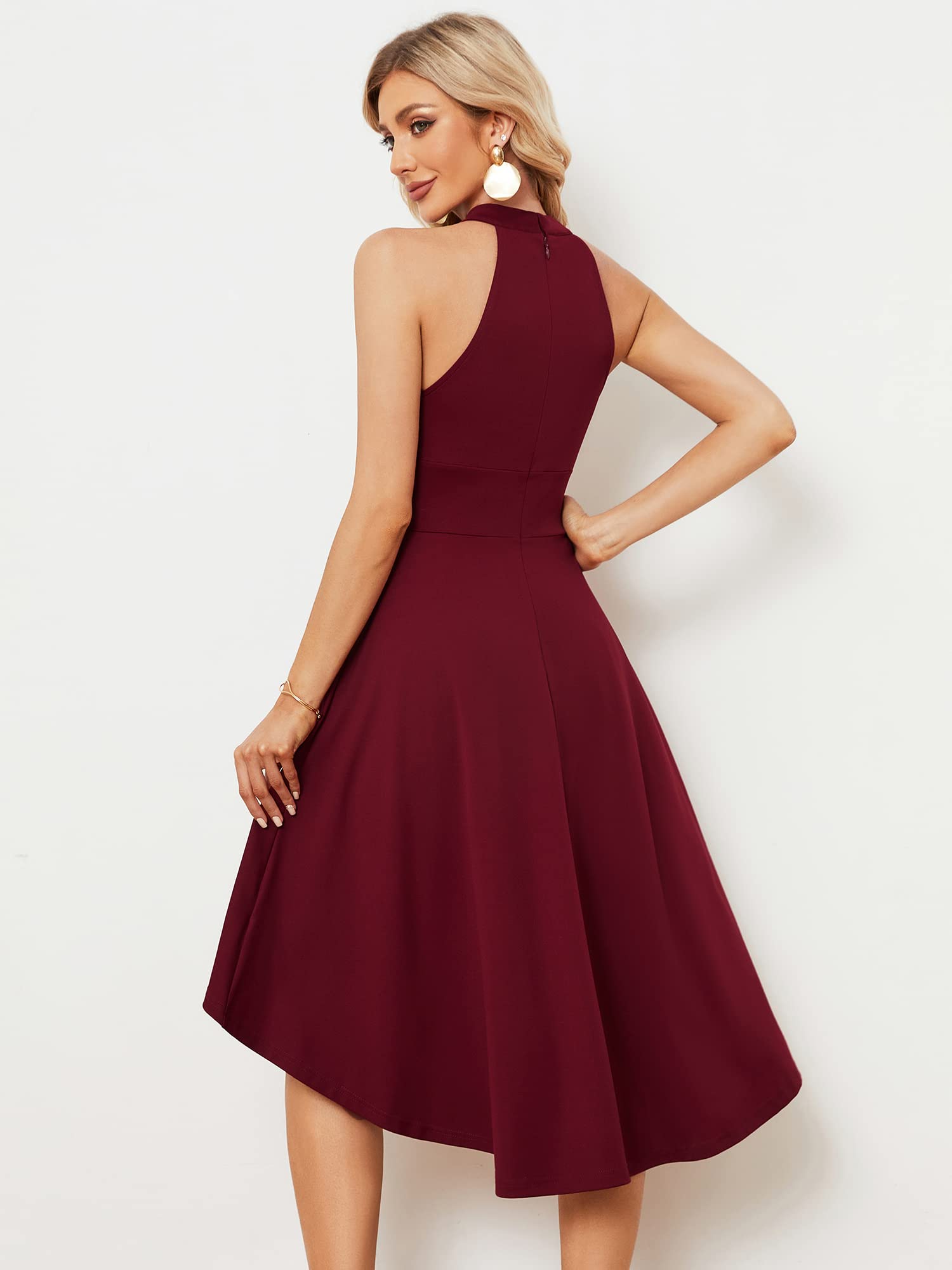 Ever-Pretty Women's Halter Neck Pleated Sleeveless High Low A-Line Midi Cocktail Dresses Burgundy S