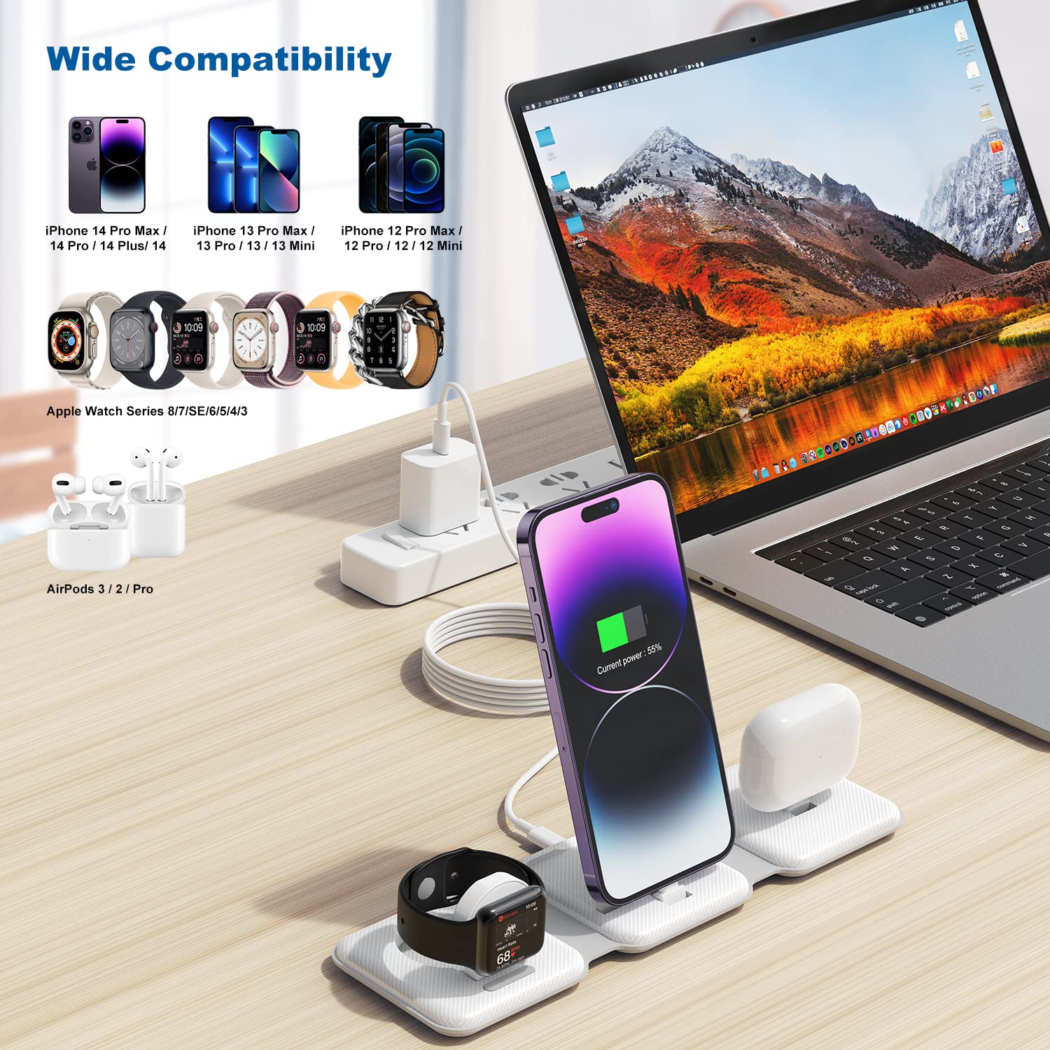 Foldable 3 in 1 Charging Station for Multiple Apple Devices, Travel Charger Station for Apple Watch Series 7/6/SE/5/4/3/2/1, iWatch Charger Dock Stand for iPhone 14 Pro Max/13/12/11/X/8 Plus,AirPods