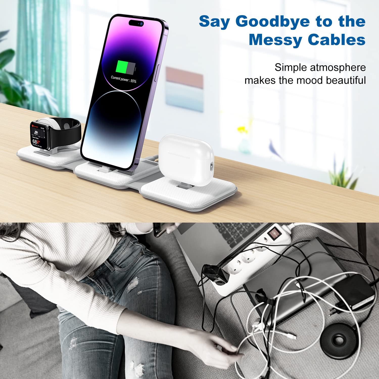 Foldable 3 in 1 Charging Station for Multiple Apple Devices, Travel Charger Station for Apple Watch Series 7/6/SE/5/4/3/2/1, iWatch Charger Dock Stand for iPhone 14 Pro Max/13/12/11/X/8 Plus,AirPods