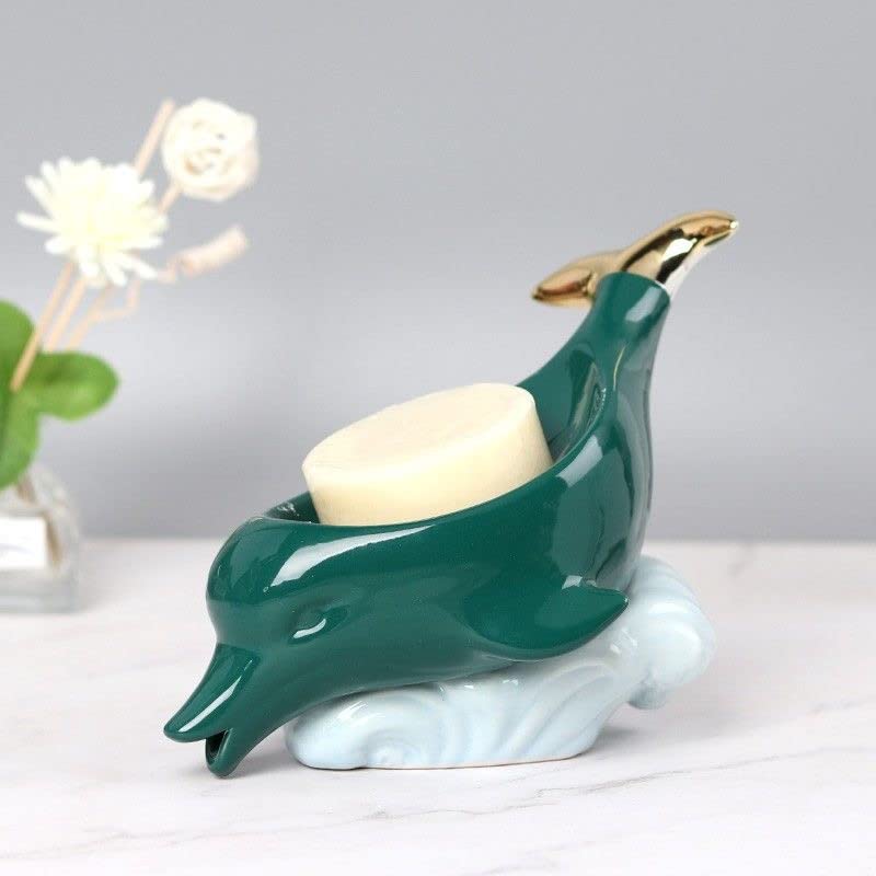 Ceramic Soap Dish,Self Draining Bar Soap Dish Holder for Bathroom and Shower Easy Cleaning,Whale&Waves Shape (Green Whale)