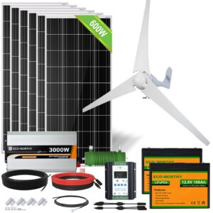 eco-worthy 1000w 4kwh solar wind power kit: 1*400w wind turbine + 6*100w solar panel + 2*12v 100ah lithium battery + 1*24v 3000w inverter for home/rv/boat/farm/street light and off-grid appliances