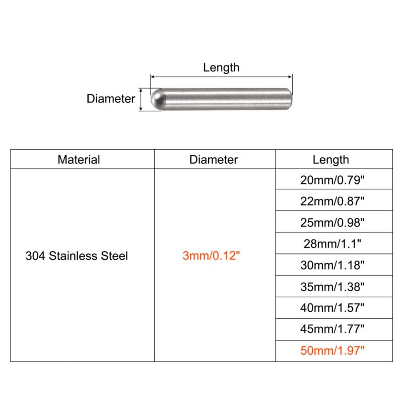 Tool parts 3x50mm Dowel Pins - 10pcs Round Head Flat Chamfered End Dowel Pin