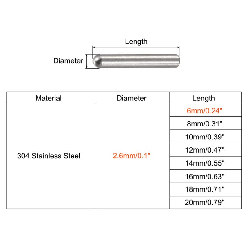 Tool parts 2.6x6mm Dowel Pins - 20pcs Round Head Flat Chamfered End Dowel Pin