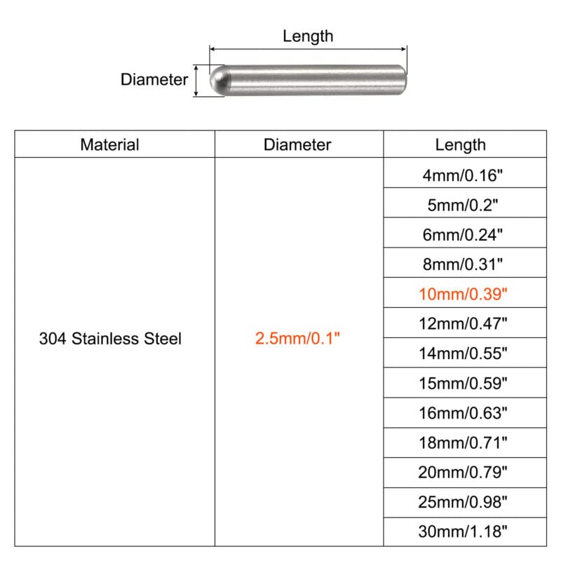 Tool parts 2.5x10mm Dowel Pins - 50pcs Round Head Flat Chamfered End Dowel Pin