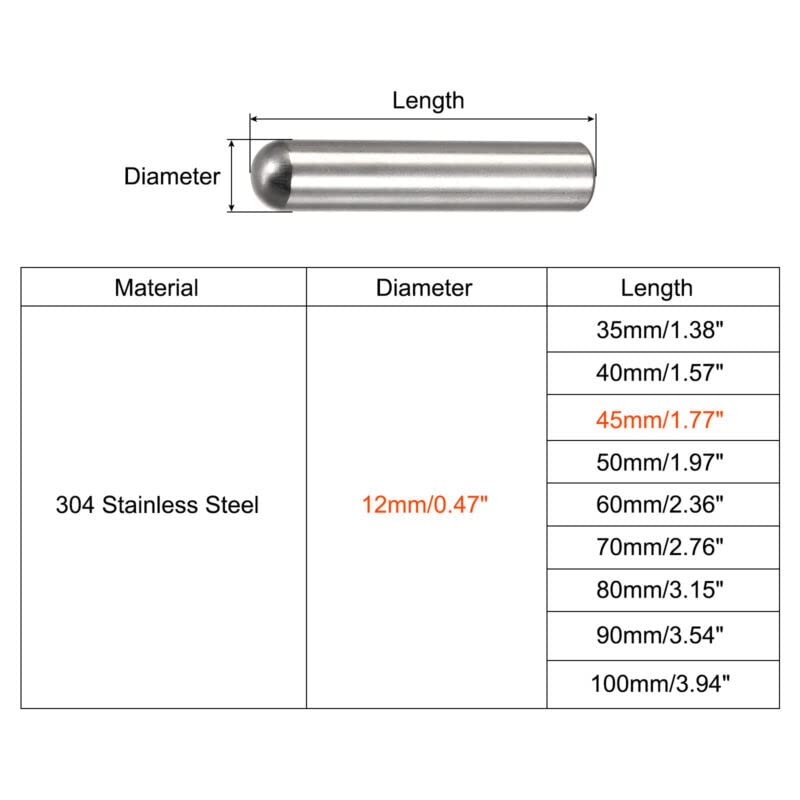 Tool parts 12x45mm Dowel Pins - 1pcs Round Head Flat Chamfered End Dowel Pin