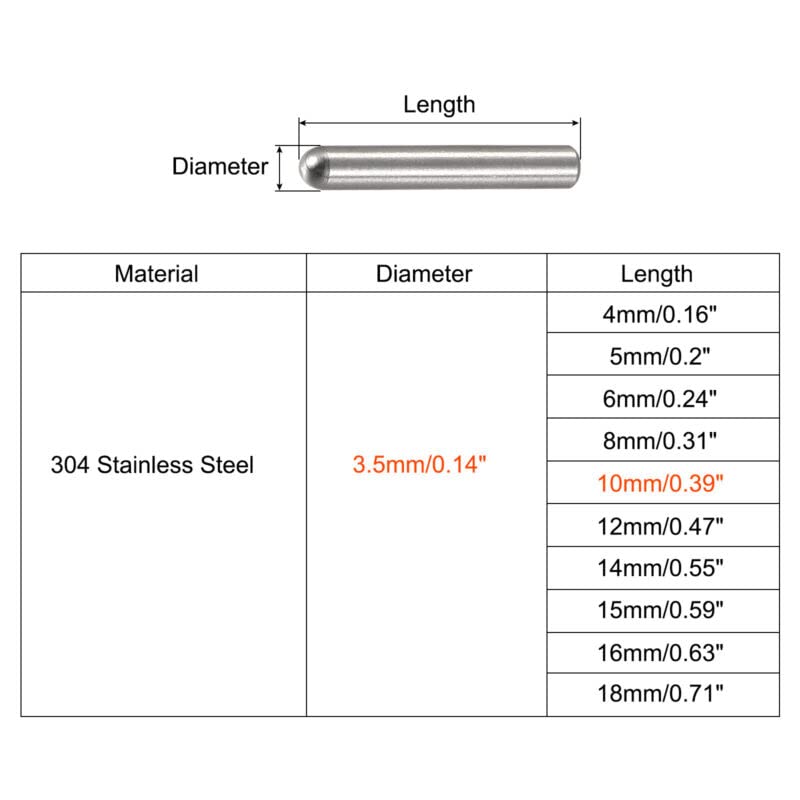 Tool parts 3.5x10mm Dowel Pins - 50pcs Round Head Flat Chamfered End Dowel Pin