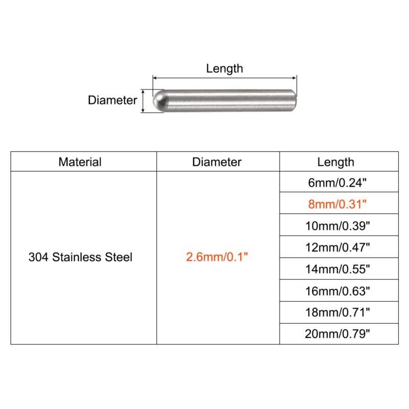 Tool parts 2.6x8mm Dowel Pins - 20pcs Round Head Flat Chamfered End Dowel Pin