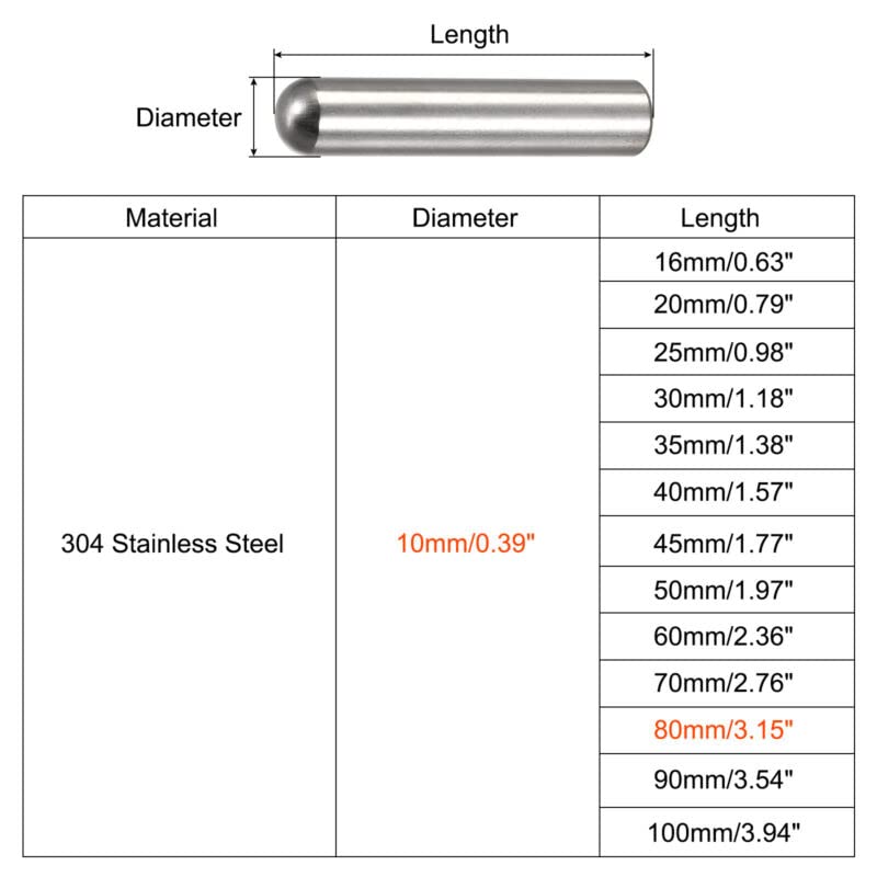 Tool parts 10x80mm Dowel Pins - 1pcs Round Head Flat Chamfered End Dowel Pin