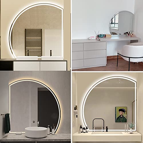 TOCTUS LED Bathroom Mirror Wall-Mounted Vanity Mirror LED Lighted Mirror, with Touch Button, Dimmable Light, Brightness Adjustable, Half Round Fan-Shaped, Left/Right Cut, 31x31inch (Color : Left)