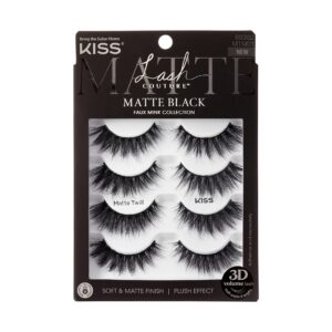 kiss lash couture 3d matte false eyelashes, matte twill', 14 mm, includes 4 pairs of lashes, contact lens friendly, easy to apply, reusable strip lashes