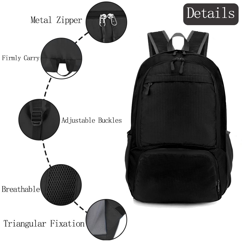 HYCOPROT 35L Hiking Backpack Ultralight lightweight Packable Foldable Water Resistant Travel Camping Outdoor Daypack (Black1)