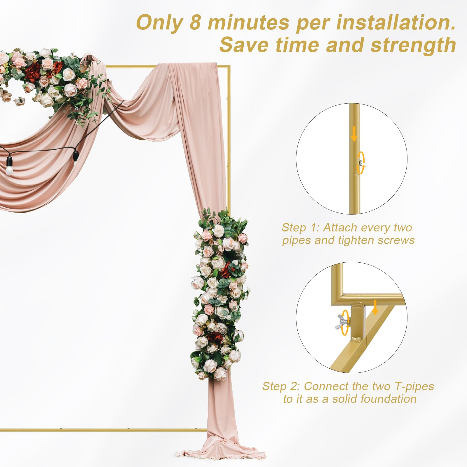 6.6FT x 6.6FT Wedding Arches for Ceremony, Square Metal Balloon Arch Stand, Rectangular Backdrop Stand for Anniversary Birthday Party Bridal Shower Decoration Home Decor, Gold