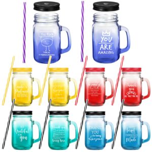 meanplan employee appreciation gift bulk 16 oz thank you glass cup with handles lids and straws mason jar mugs for students teacher graduation coworker staff nurse work team(multicolor, 10 pcs)