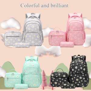 YJMKOI 3Pcs Daisy Prints Backpack for Girls Middle-School Elementary Students Bookbag Set with Lunch Box (Grey)