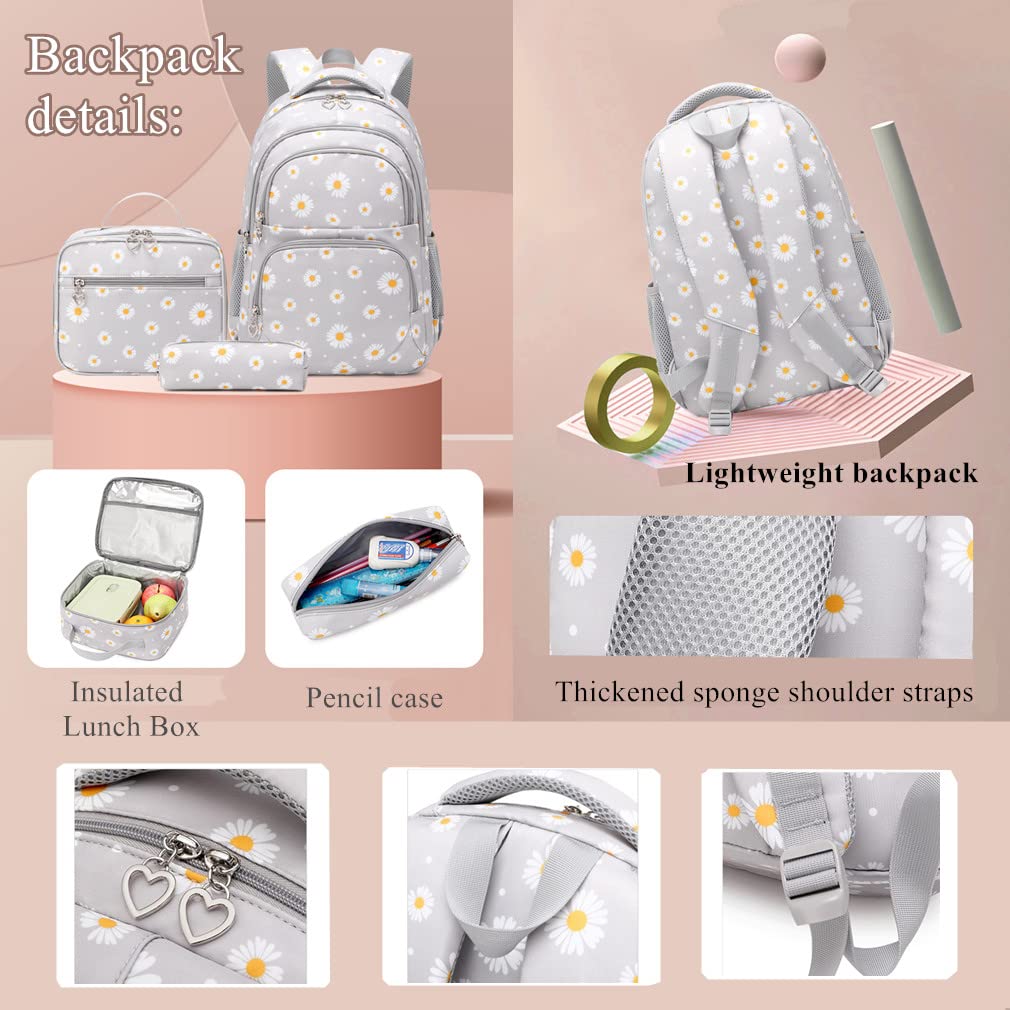 YJMKOI 3Pcs Daisy Prints Backpack for Girls Middle-School Elementary Students Bookbag Set with Lunch Box (Grey)