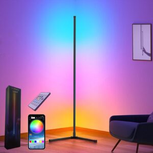 corner floor lamp,60” smart rgb led corner lamp with app and remote control, color changing ambience light with music sync, easy to install, led floor lamp for living room bedroom gaming room