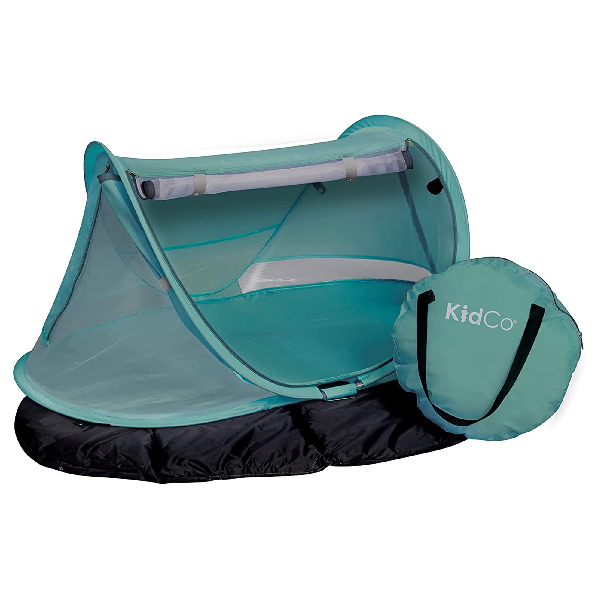 KidCo Peapod Prestige Lightweight Pop Up Portable Toddler Travel Bed with Toy Loops, Storage Pocket, and Carry Bag for Outdoors, Seafoam