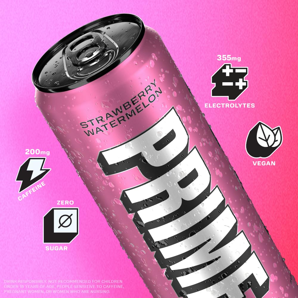 Prime Energy Drink by Logan Paul & KSI Naturally Flavored, 200mg Caffeine, Zero Sugar, 300mg Electrolytes, Vegan, 12 Fl Oz per Can (Strawberry Watermelon, 24 Pack)