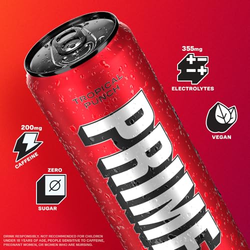 PRIME Energy TROPICAL PUNCH | Zero Sugar Energy Drink | Preworkout Energy | 200mg Caffeine with 355mg of Electrolytes and Coconut Water for Hydration| Vegan | Gluten Free |12 Fluid Ounce | 24 Pack