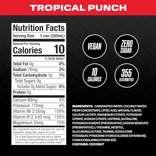 PRIME Energy TROPICAL PUNCH | Zero Sugar Energy Drink | Preworkout Energy | 200mg Caffeine with 355mg of Electrolytes and Coconut Water for Hydration| Vegan | Gluten Free |12 Fluid Ounce | 24 Pack