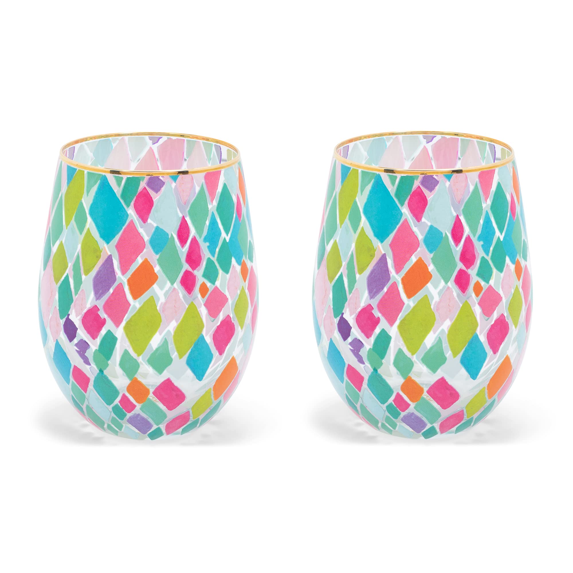 Mary Square Pink Teal Mosaic Santorini 8 ounce Glass Stemless Wine Tumbler Set of 2