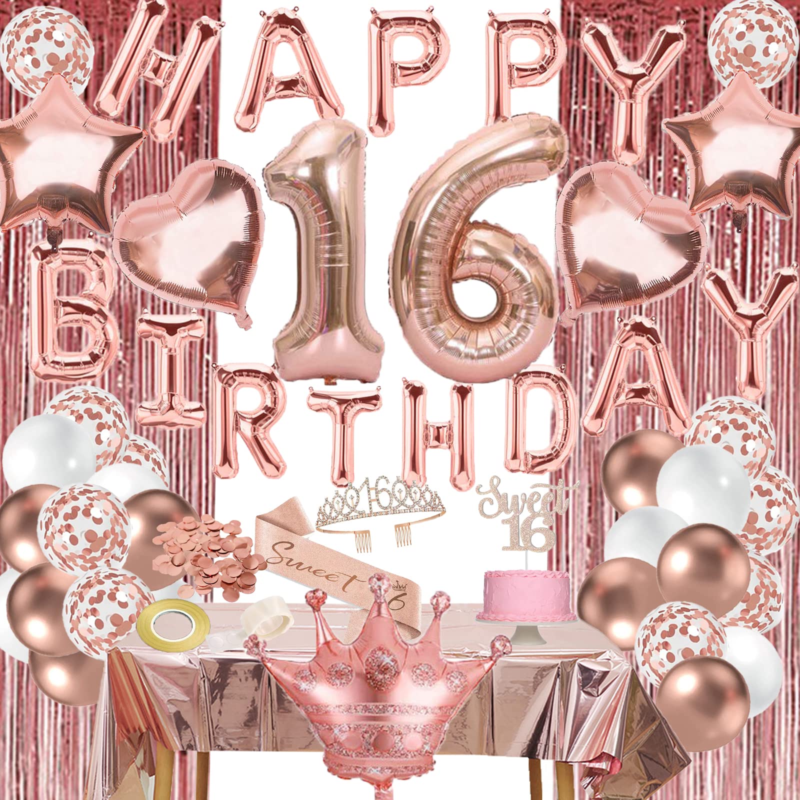 Sweet 16 Party Decorations, Rose gold 16th Birthday Decorations for Girls, Happy Birthday Banner, Curtains, Cake Topper, Bday Sash and Crown, Balloons for Her Sixteen Years Birthday