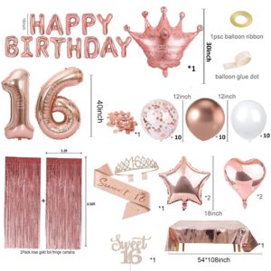 Sweet 16 Party Decorations, Rose gold 16th Birthday Decorations for Girls, Happy Birthday Banner, Curtains, Cake Topper, Bday Sash and Crown, Balloons for Her Sixteen Years Birthday